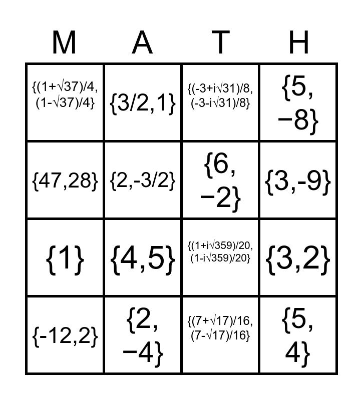 Solving by Quadratic Formula Bingo Card