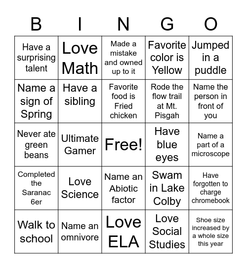 Welcome Back Bingo Card