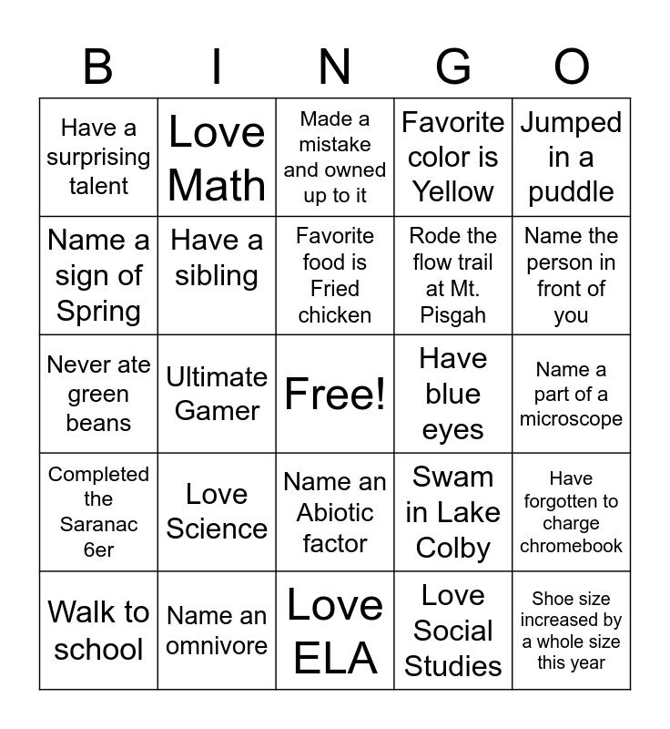 Welcome Back Bingo Card