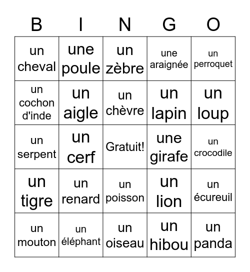 Les animaux Bingo Card