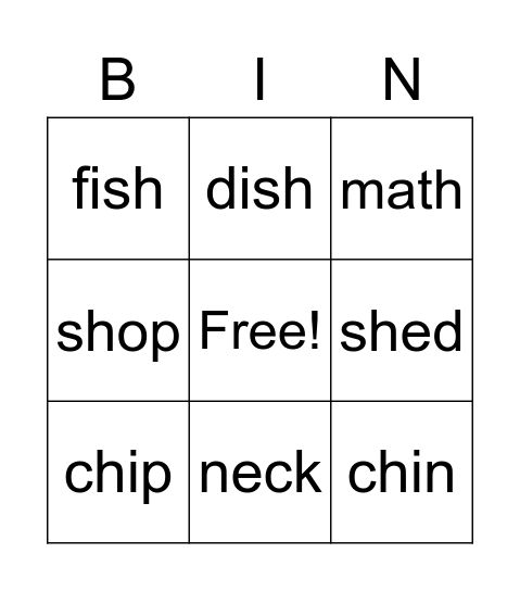 Digraph CVC Bingo Card