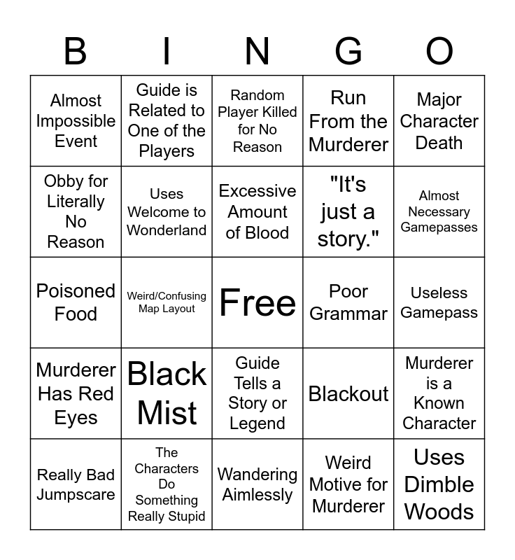 Roblox Story Game Bingo Card Roblox Story Game Bingo Card
