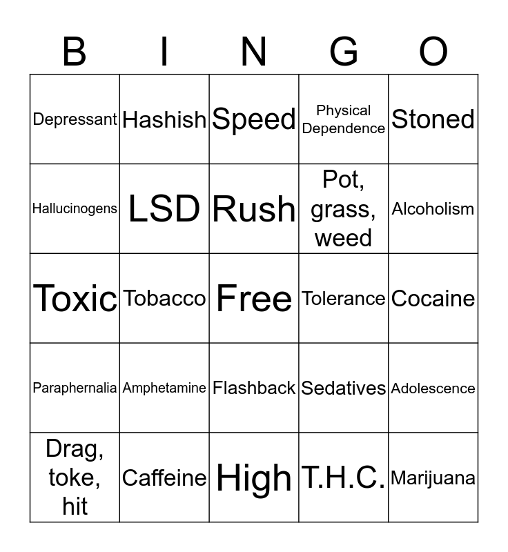 Substance Abuse Bingo Card