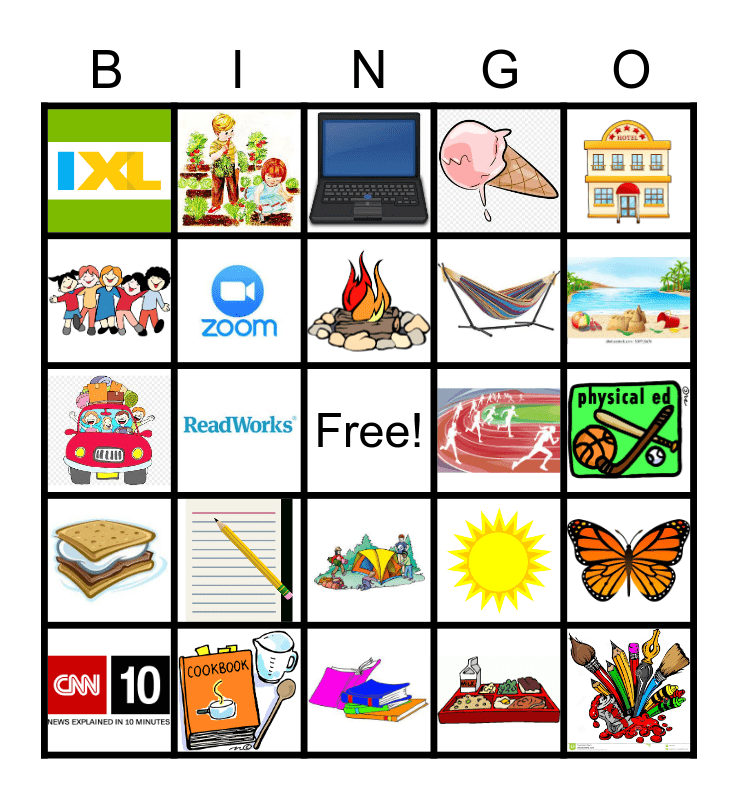 school and summer Bingo Card