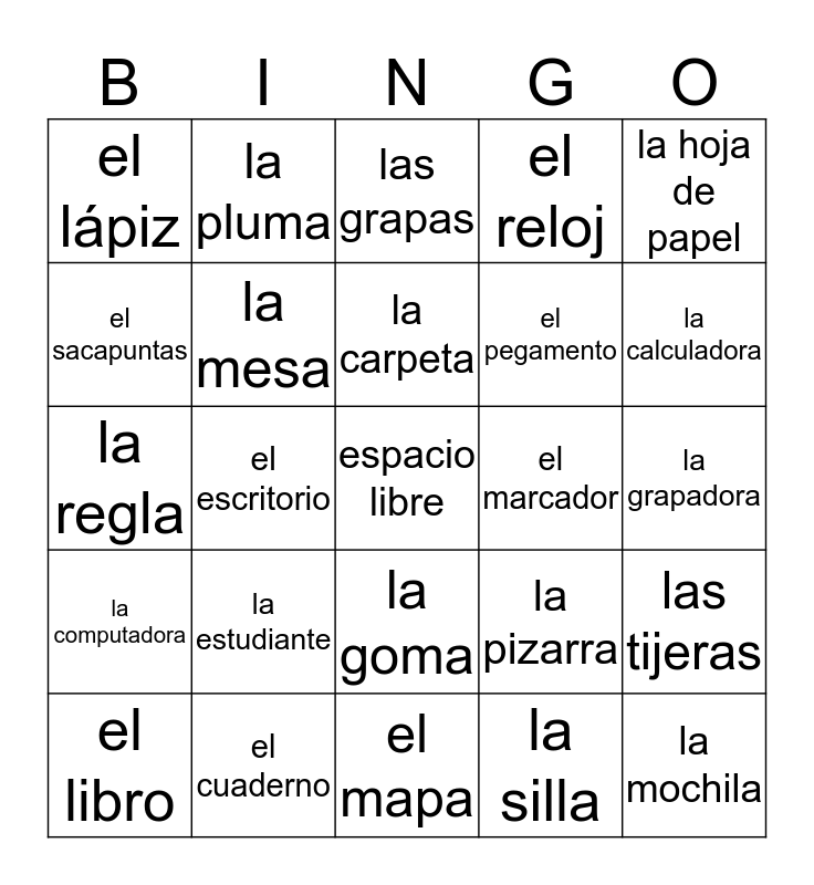 El vocabulario escolar Bingo Card