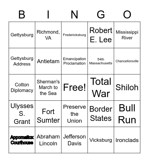 Civil War Review Bingo Card