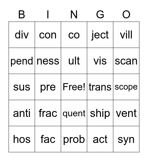 Sight Syllable Bingo Card