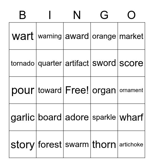 Post vocalic /r/ Bingo Card