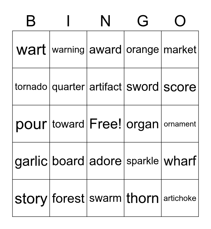 Post vocalic /r/ Bingo Card