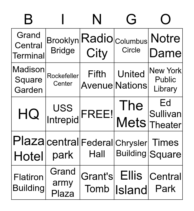 New york Bingo Card