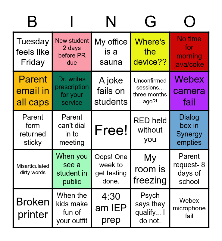 School SLP Bingo Card
