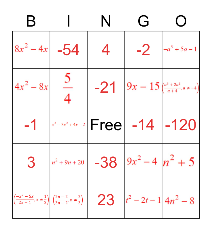 Chapter 6.1 Review - Operations of Functions Bingo Card