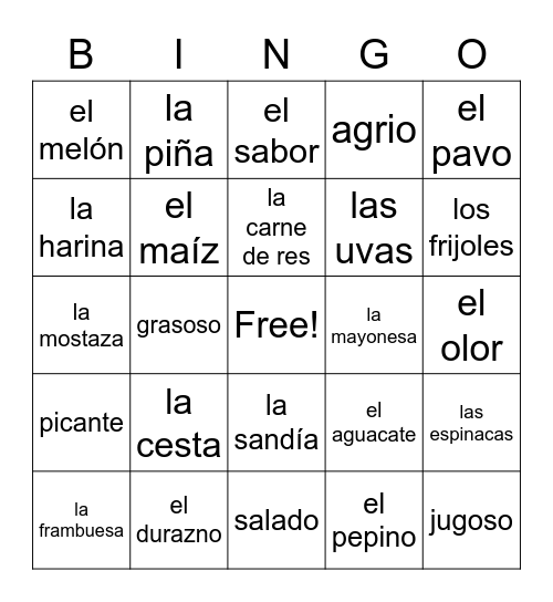 Realidades 2 7B Vocabulario Bingo Card