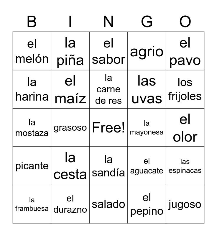 Realidades 2 7B Vocabulario Bingo Card