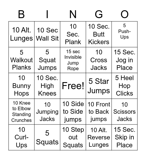 Fitness Bingo Card