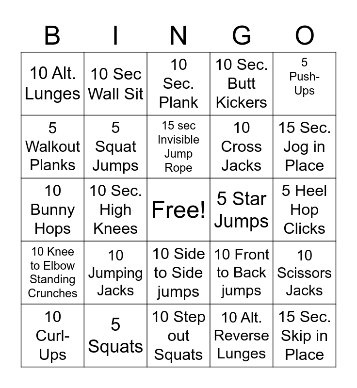 Fitness Bingo Card