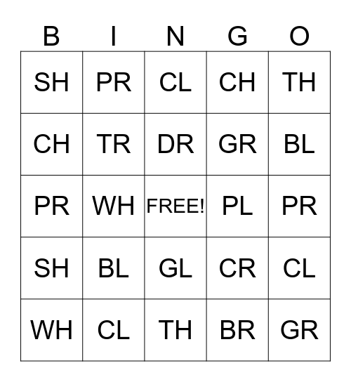 DIGRAPHS AND BLENDS Bingo Card