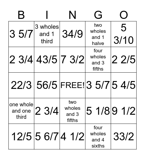 Mixed and Improper Fractions Bingo Card