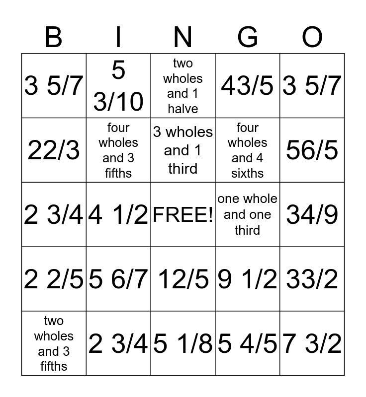 Mixed and Improper Fractions Bingo Card