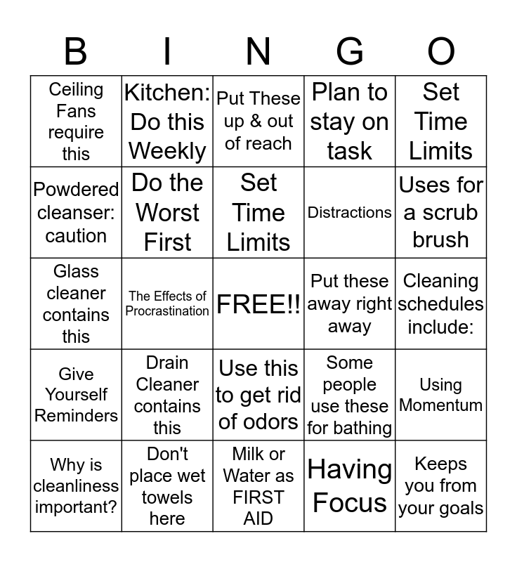 Spring Cleaning & Time Management Bingo Card