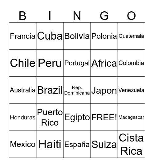 Paises del mundo Bingo Card