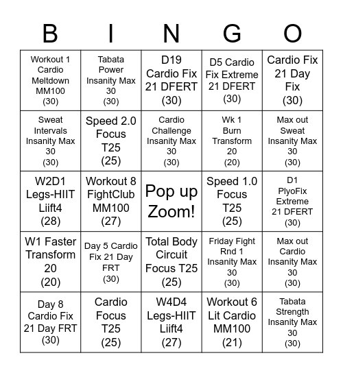 Cardio Bingo Card