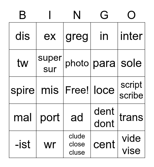 Morphology Bingo Card