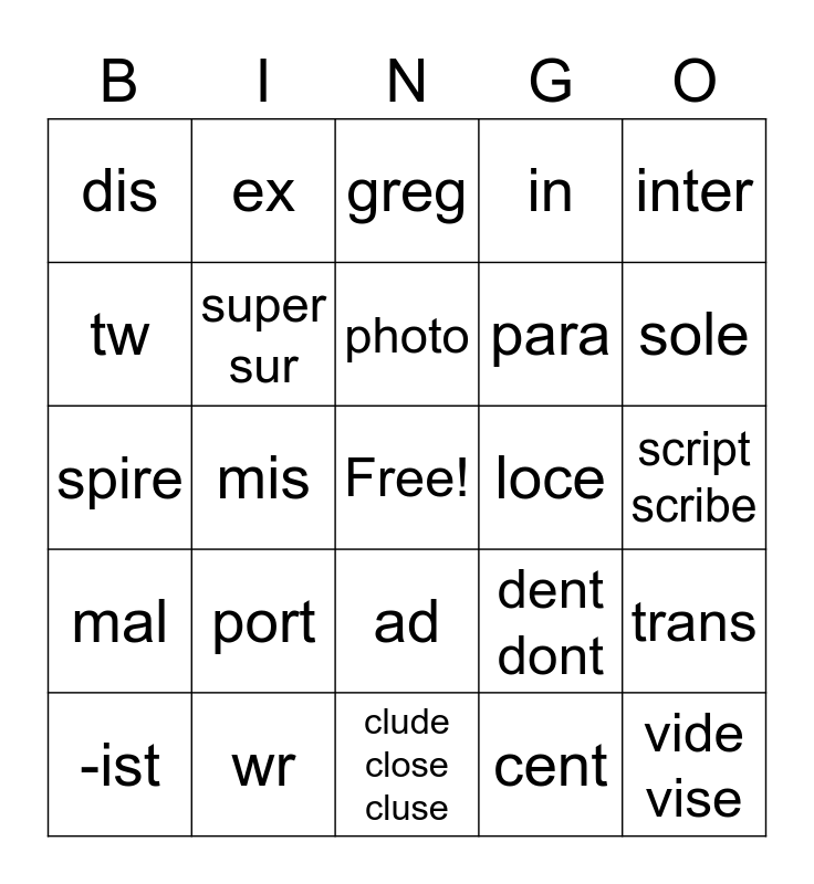 Morphology Bingo Card