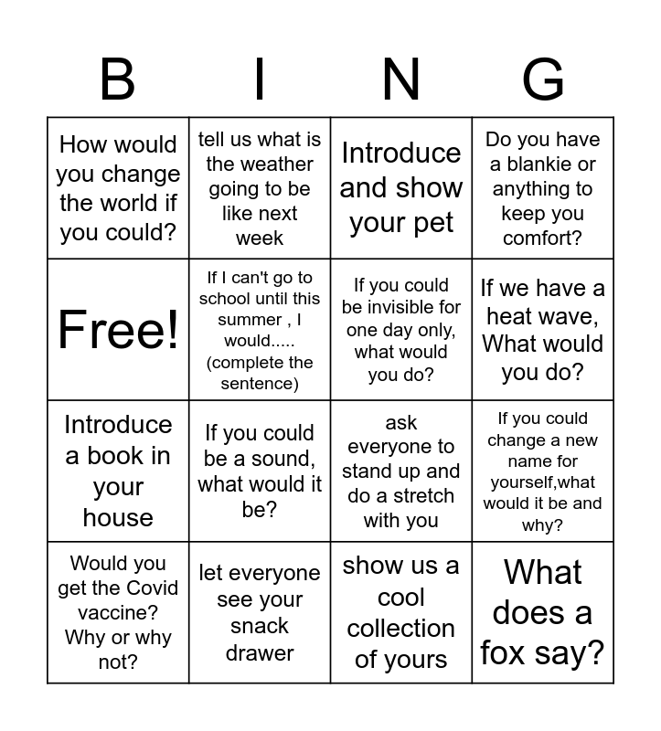 Warm up Questions Bingo Card Warm up Questions Bingo Card