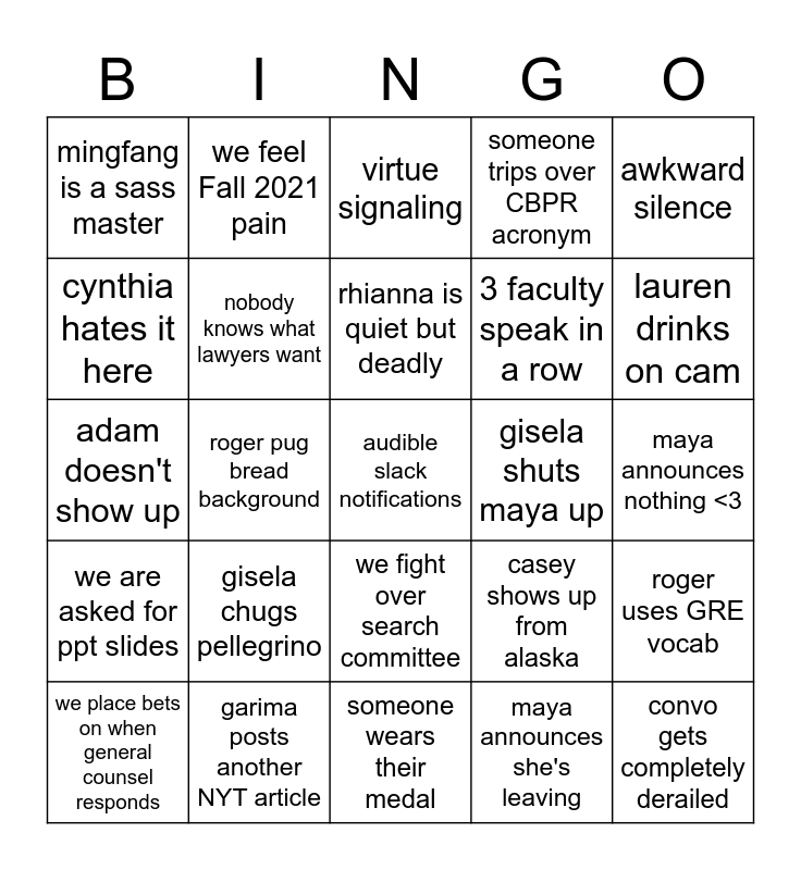 GEI pain (cont.) Bingo Card