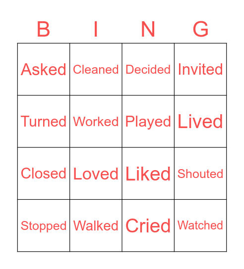 REGULAR VERBS IN THE PAST Bingo Card