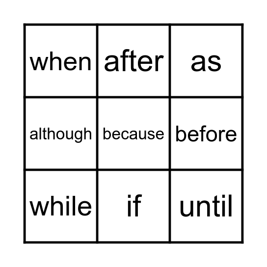 Subordinating Conjunctions Bingo Card