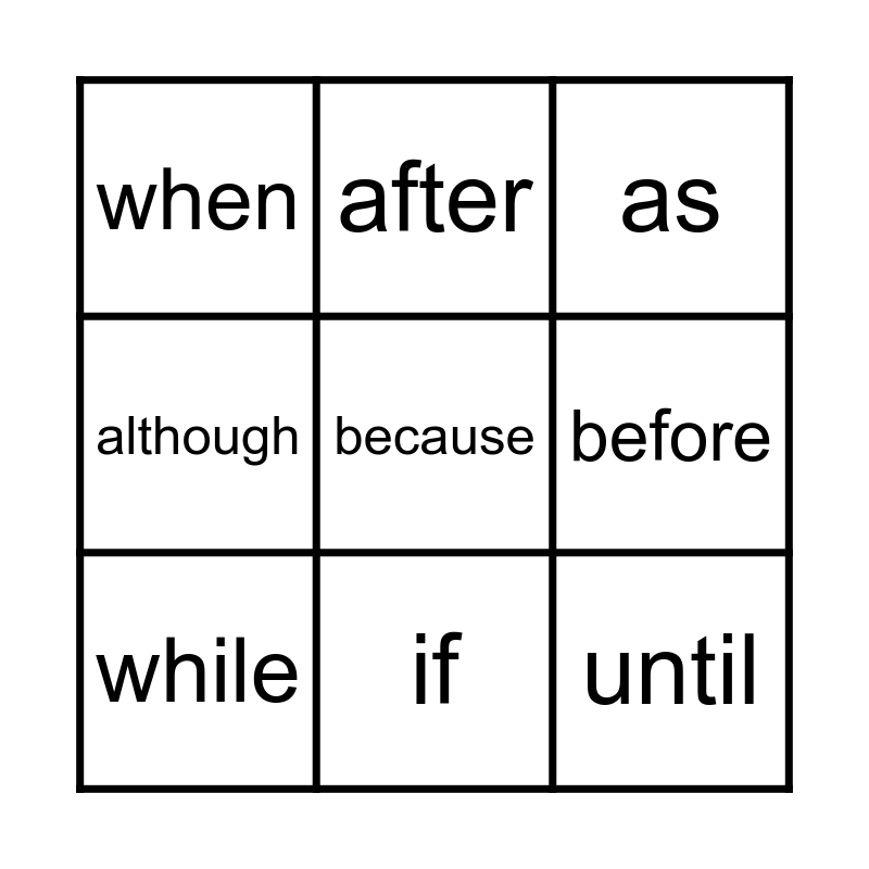 Subordinating Conjunctions Bingo Card