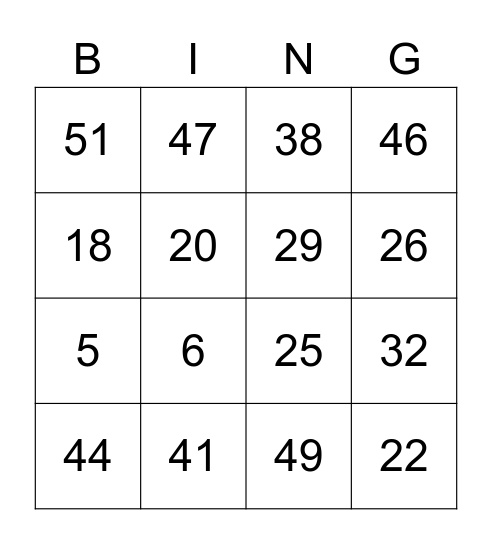 Number Bingo 1 54 Bingo Card