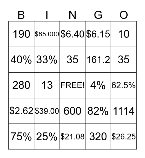 %% PERCENT %% Bingo Card