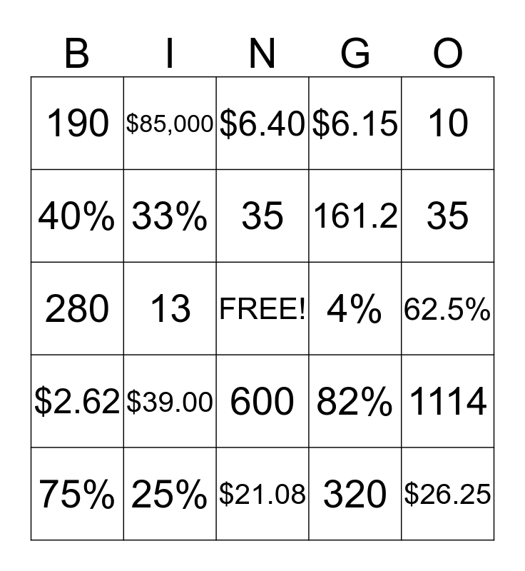 %% PERCENT %% Bingo Card