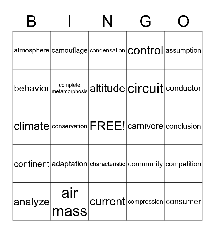 STAAR words A-C Bingo Card
