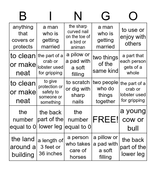 VOCABULARY WORDS AND MEANINGS Bingo Card