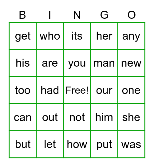 Three Letter Words Bingo Card