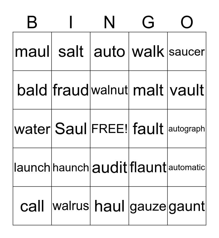 au and a (as aw) Bingo Card
