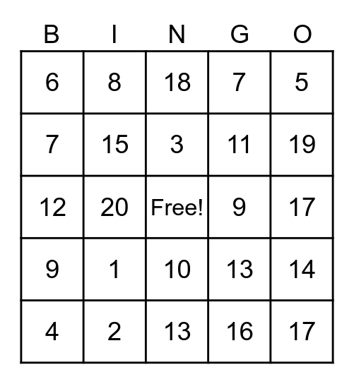 Let's Learn Numbers! Bingo Card