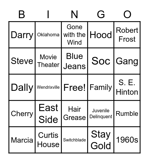 The Outsiders Bingo Card