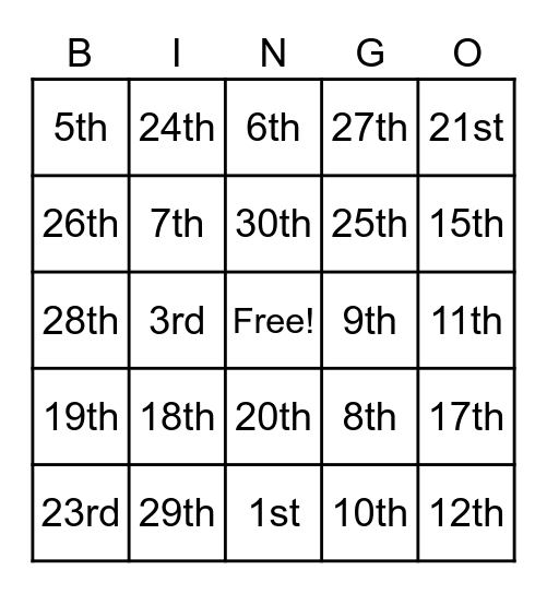 Dates Bingo Card