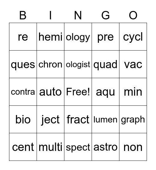 Root Word Bingo Card