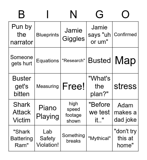 Mythbusters Jaws Special Bingo Card