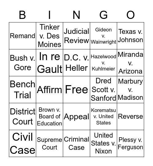 Supreme Court Cases Bingo Card