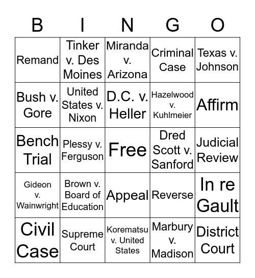 Supreme Court Cases Bingo Card