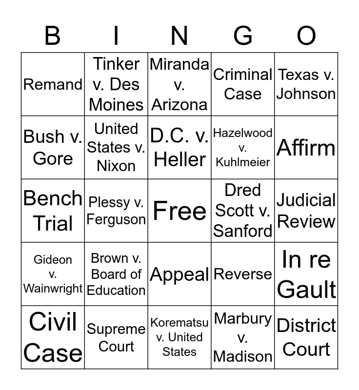 Supreme Court Cases Bingo Card