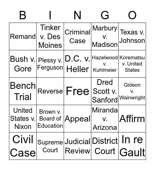 Supreme Court Cases Bingo Card