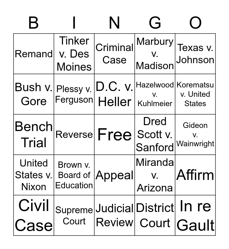Supreme Court Cases Bingo Card